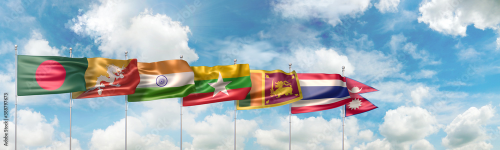 3D Illustration with national flags of the seven countries which are ...