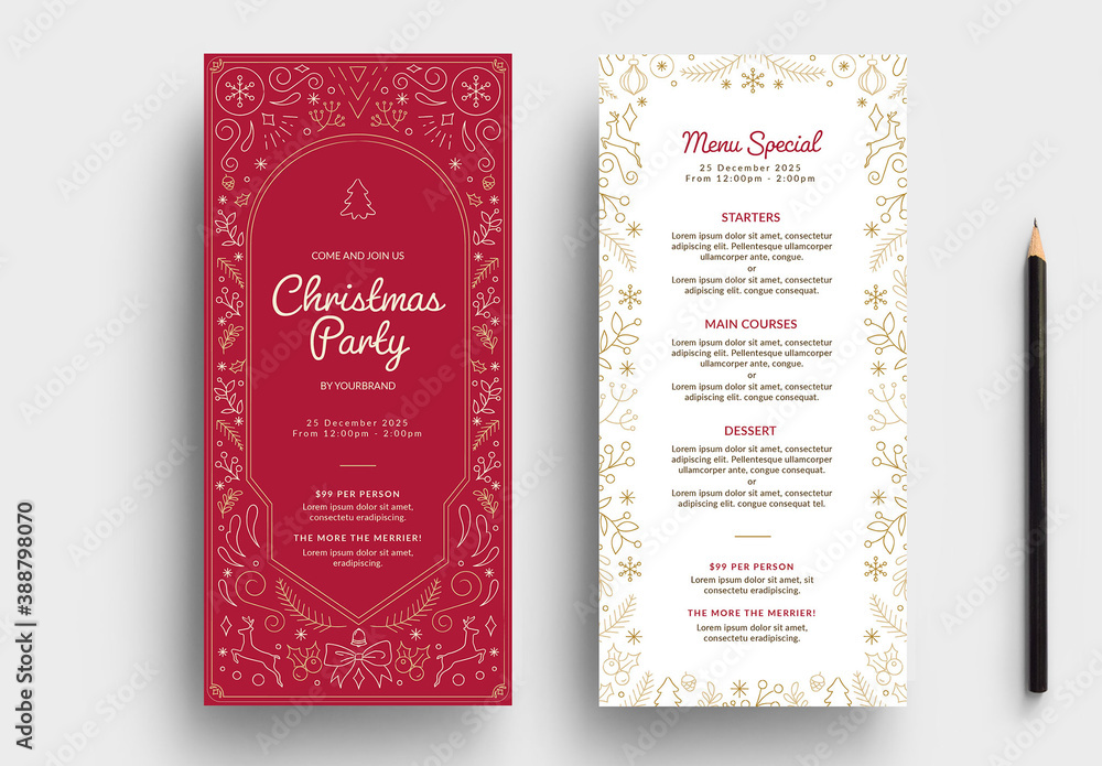 Thin Christmas Menu Card Layout with Festive Illustrations Stock ...