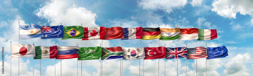3D Illustration with national flags of the countries member states of ...