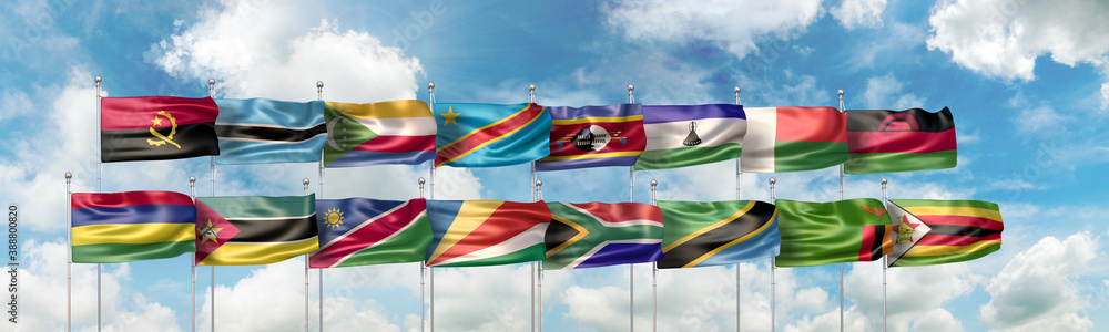 3D Illustration with national flags of the sixteen countries which are ...