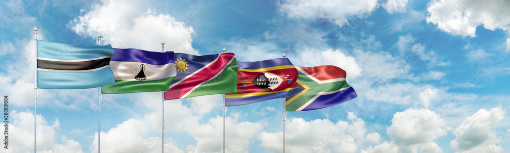 3D Illustration with national flags of the five countries which are ...