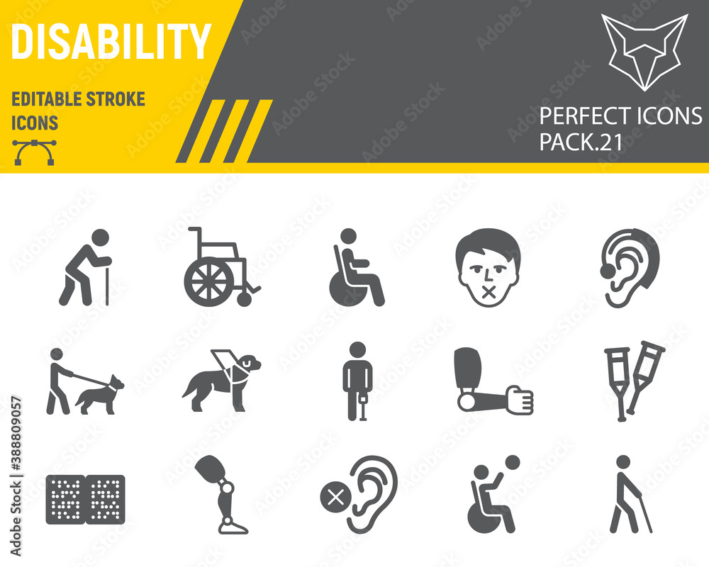 Disability glyph icon set, disabled people collection, vector sketches ...
