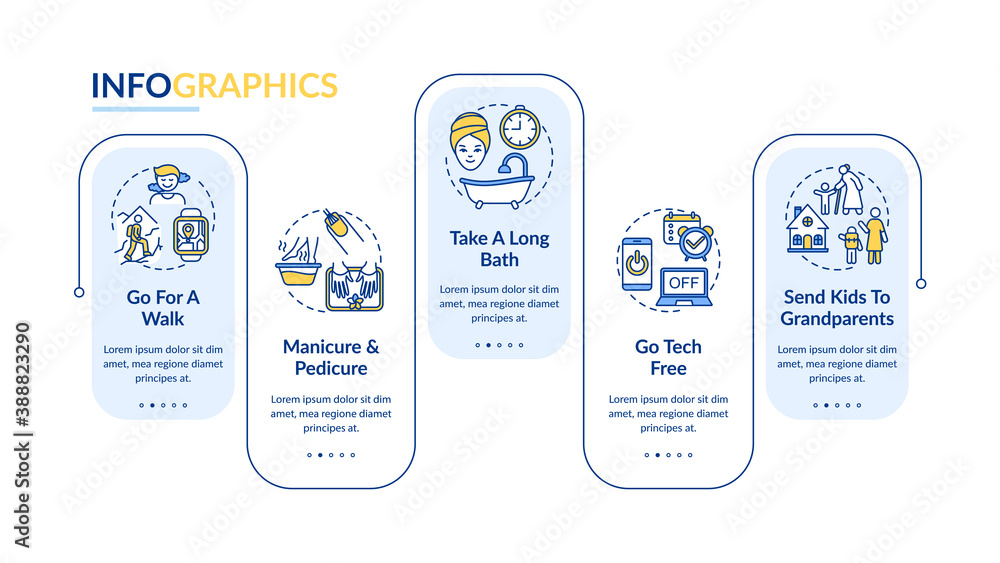 Me time ideas vector infographic template. Take a long bath. Go for ...