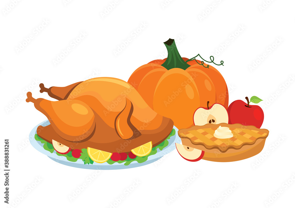 Thanksgiving dinner with roasted turkey and apple pie icon vector ...