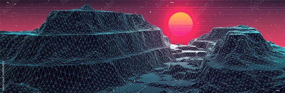 80s sunset over wireframe landscape. Synthwave sun. Retro futuristic ...