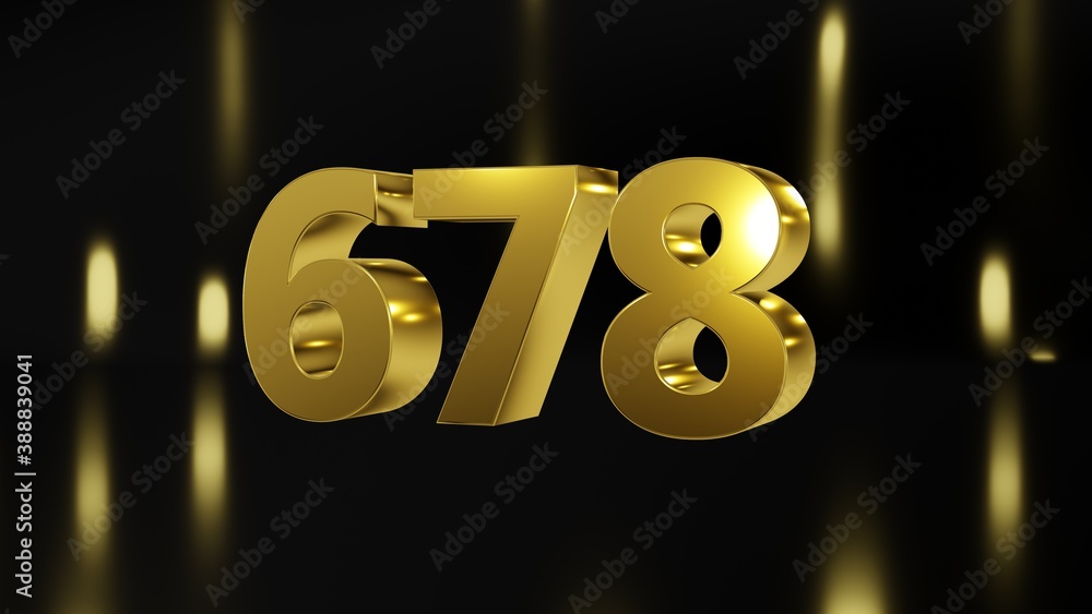 Number 678 in gold on black and gold background, isolated number 3d ...