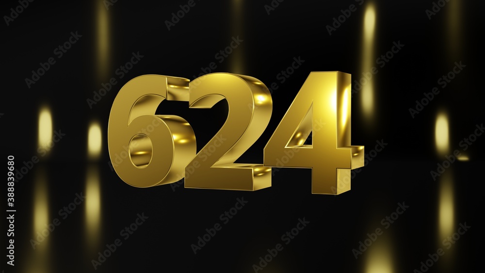 Number 624 in gold on black and gold background, isolated number 3d ...