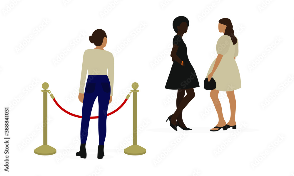 Vetor de Female character in jeans stands behind fence posts and looks ...