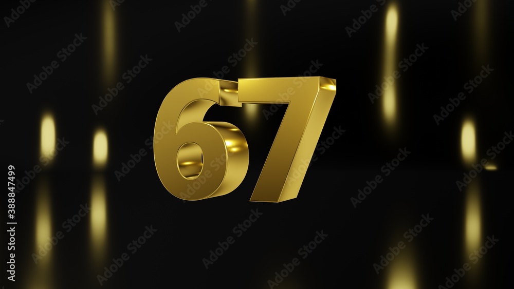Number 67 in gold on black and gold background, isolated number 3d ...