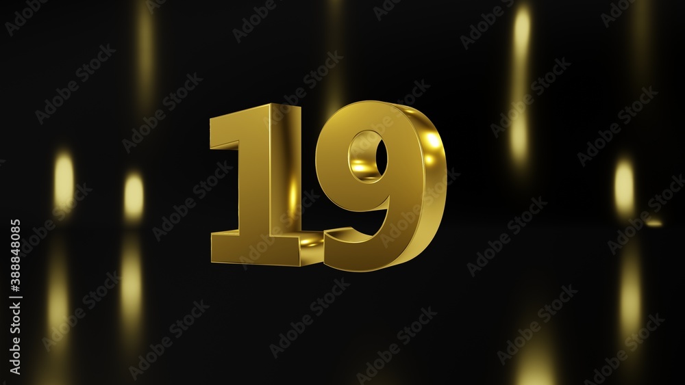 Number 19 in gold on black and gold background, isolated number 3d ...