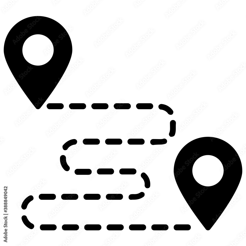 Two map pins on a line path is icon of start and end journey of road ...