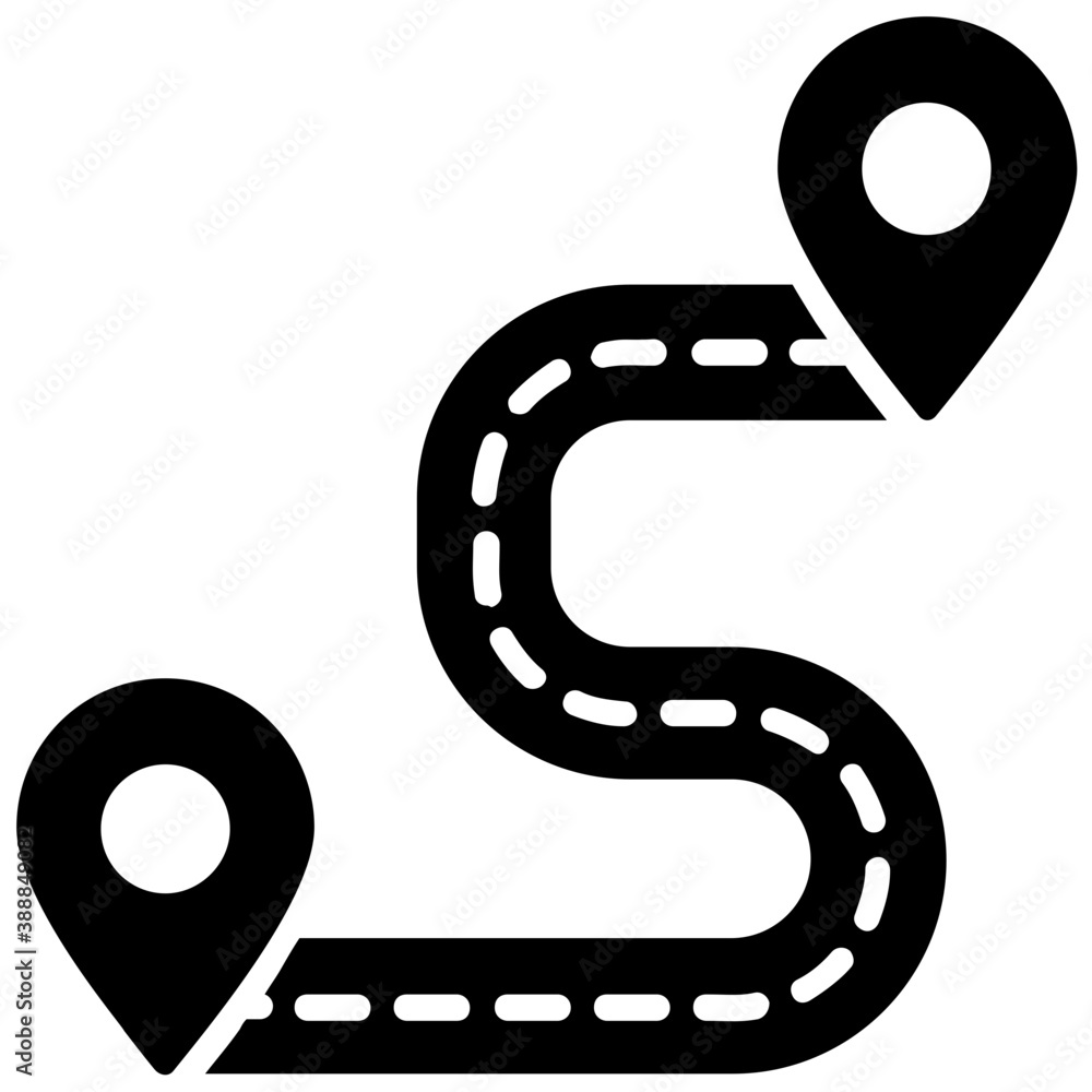Two map pins on a line path is icon of start and end journey of road ...