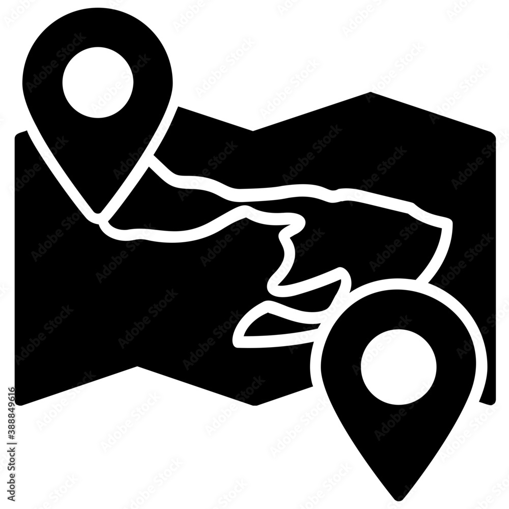 Two map pins on a line path is icon of start and end journey of road ...