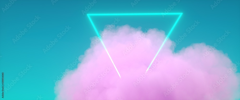 Glowing neon triangle in a pink fluffy cloud against turquoise sky ...