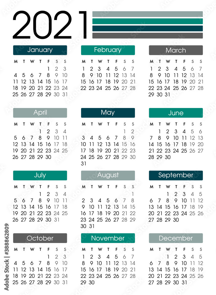 Calendar 2021. Planner 2021 year. Calendar design template. English ...