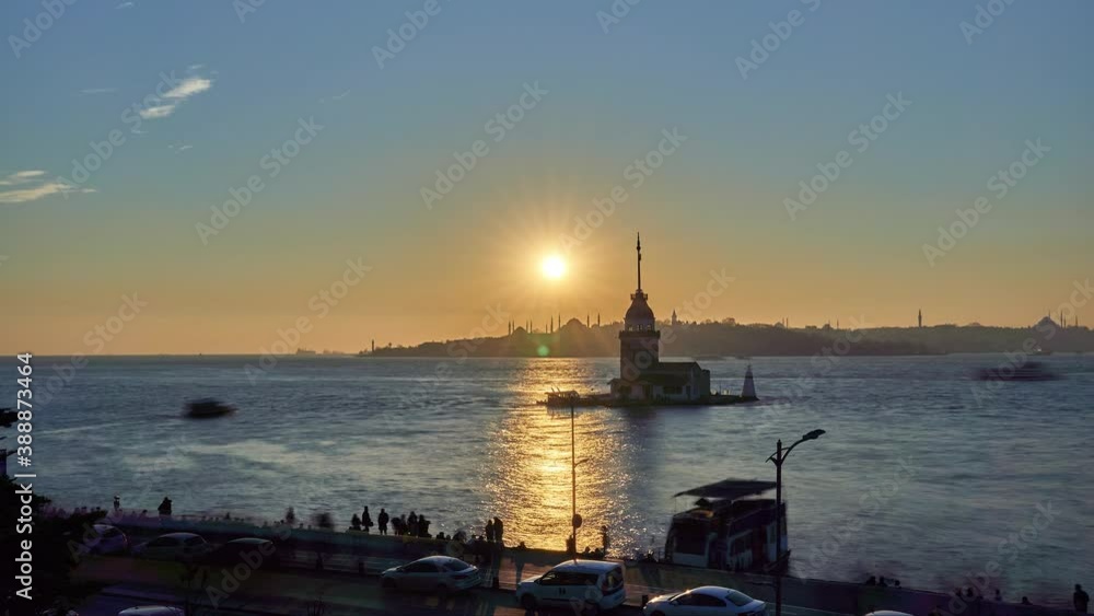Sun is setting down behind landmarks of Istanbul, Hagia Sophia and ...