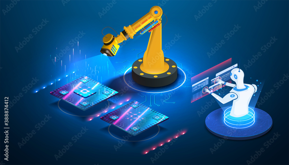 Futuristic microchip processor lights on blue background. Artificial ...