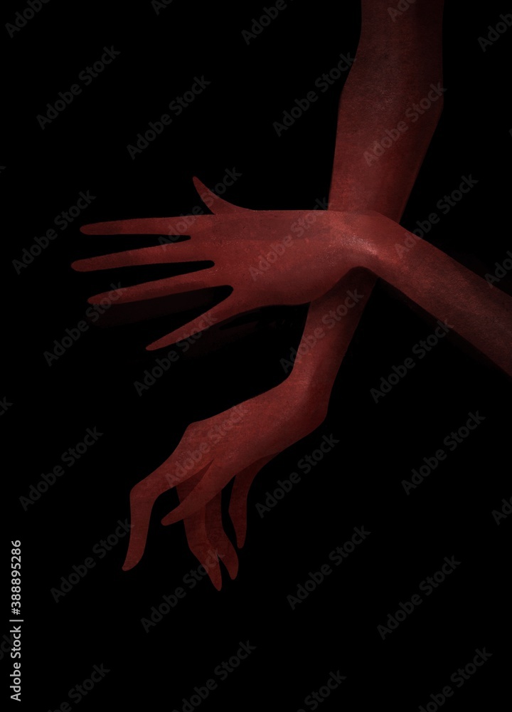 Red hands with long fingers on a black background. Human form concept ...
