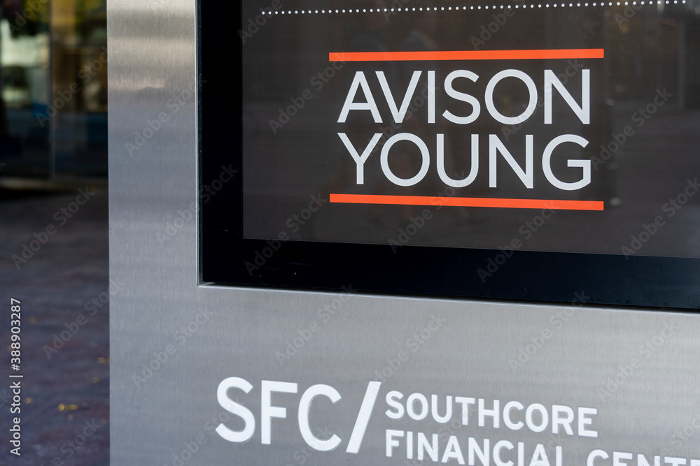 Toronto, Canada - October 28, 2020: Avison Young company sign is seen outside their headquarter ...