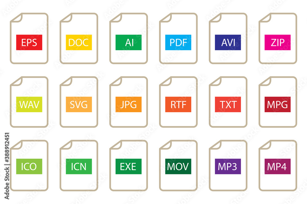 Vetor de Vector set of file formats icons. Different types of documents ...