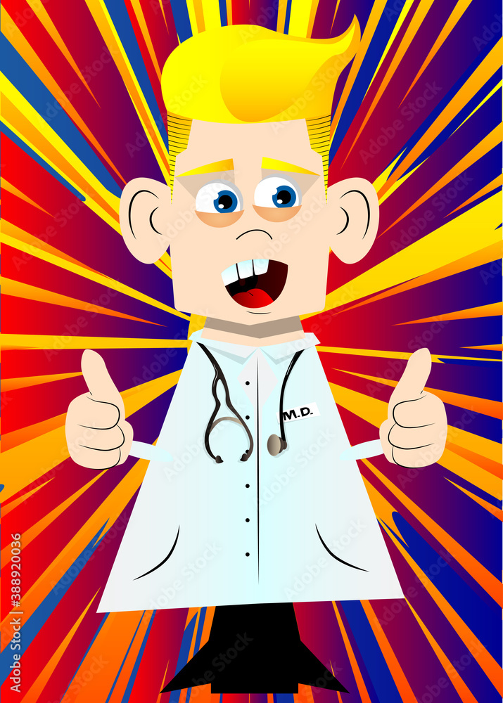 Funny cartoon doctor making thumbs up sign with two hands. Vector ...