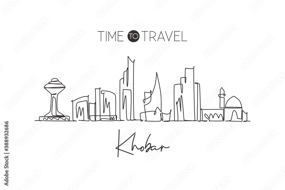 One continuous line drawing Khobar city skyline, Saudi Arabia ...