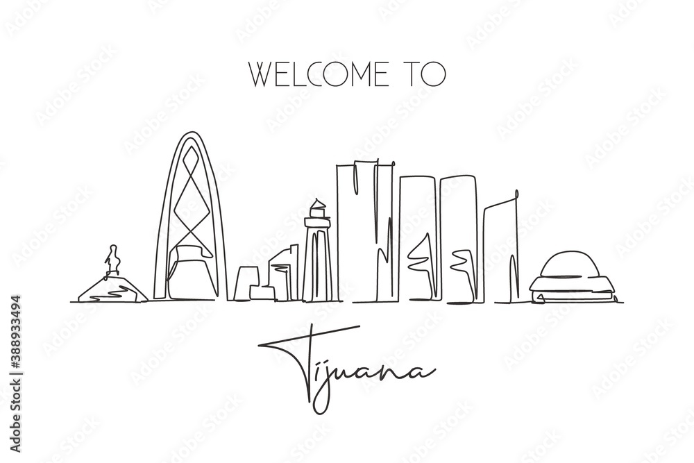 One continuous line drawing Tijuana city skyline, Mexico. Beautiful ...