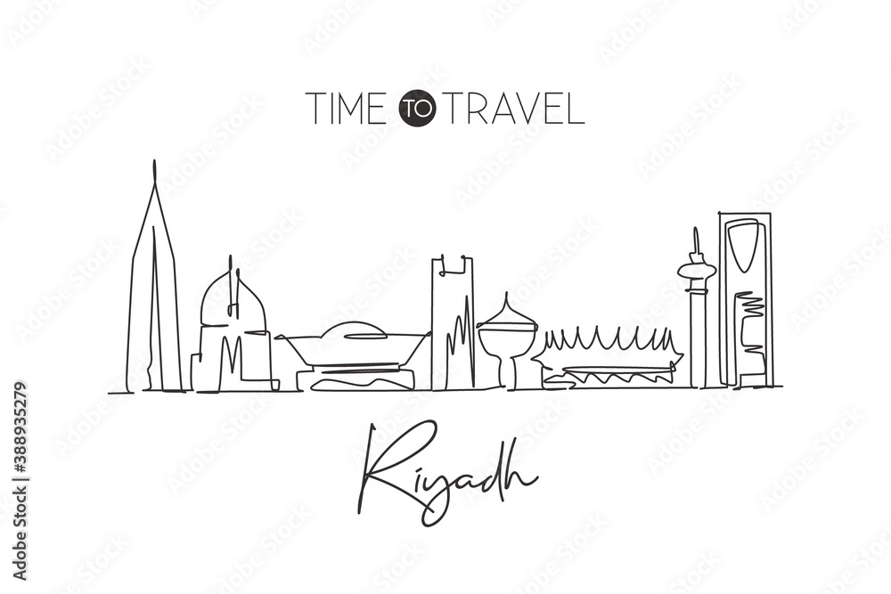Single continuous line drawing of Riyadh skyline, Saudi Arabia. Famous ...