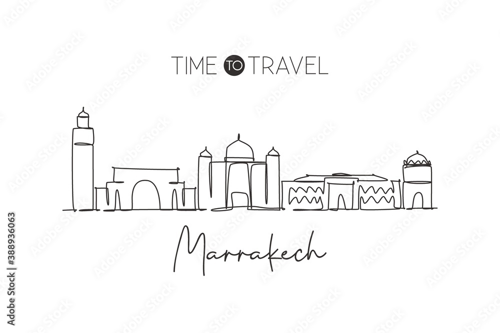 One single line drawing of Marrakesh city skyline, Morocco. Historical ...