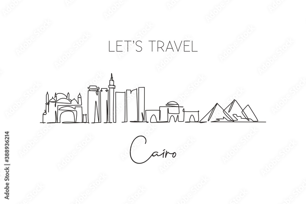 Single continuous line drawing of Cairo city skyline, Egypt. Famous ...