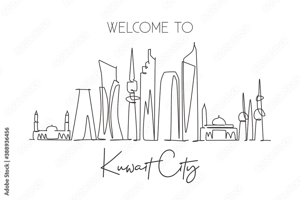 Vetor de Single continuous line drawing of Kuwait city skyline Middle ...