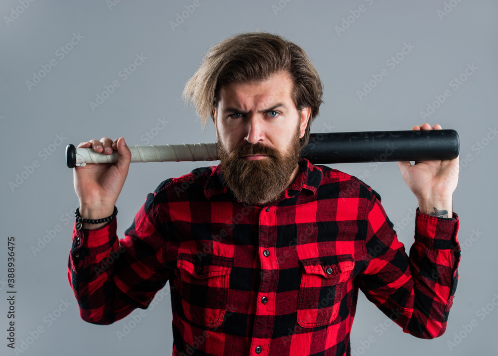 look menacing. brutal bearded man using baseball bat for fighting. man ...