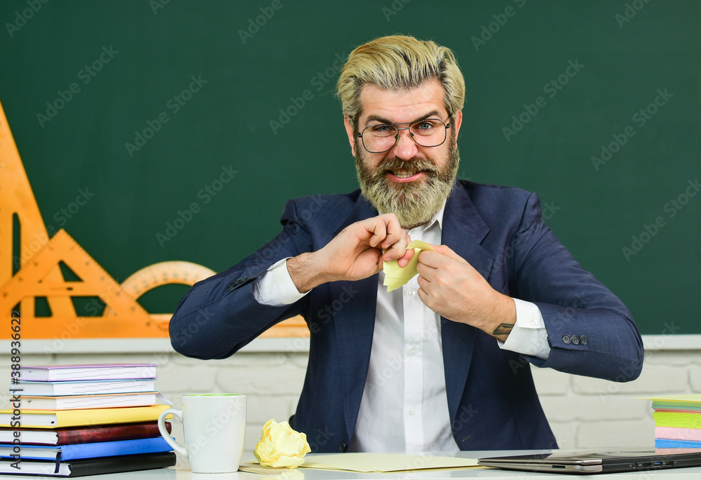 Destroy profile documents. Teacher destroying paper file. Study hard ...
