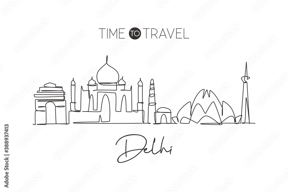 Single continuous line drawing of Delhi skyline, India. Famous city ...