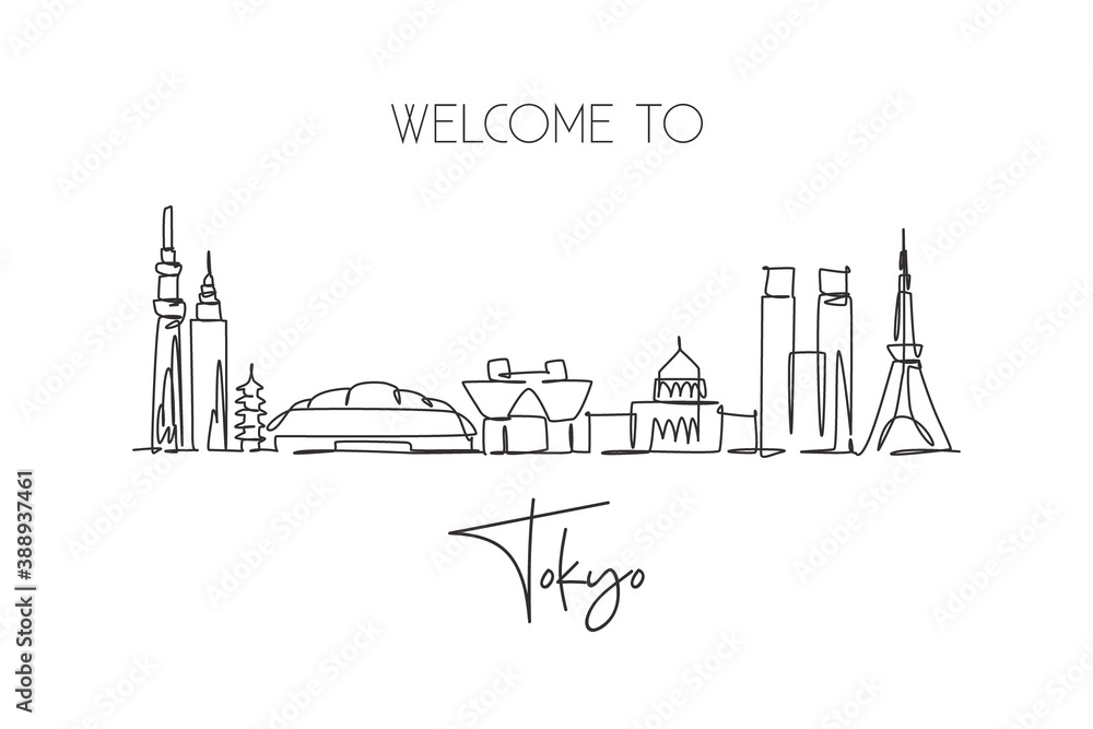One continuous line drawing of Tokyo city skyline, Japan. Beautiful ...