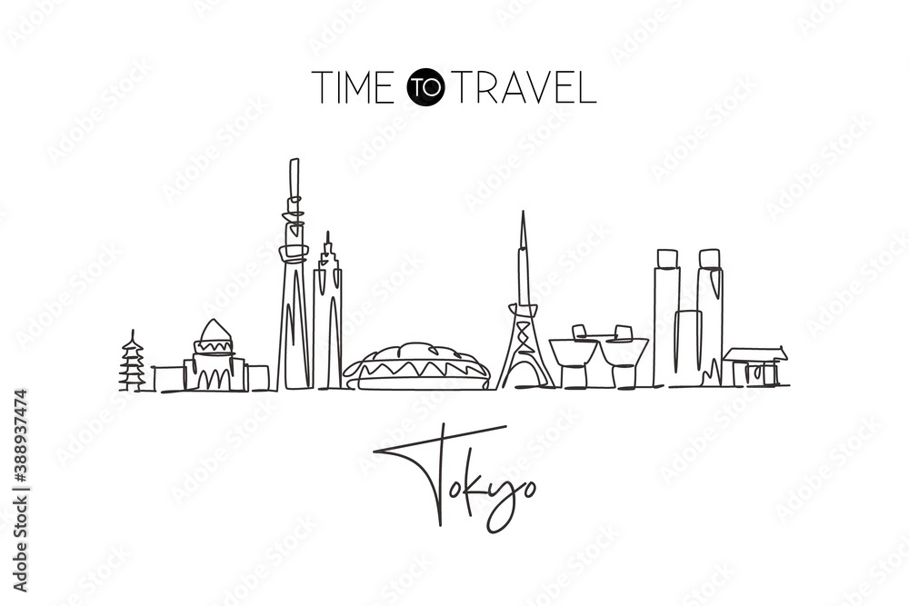 Single continuous line drawing of Tokyo city skyline, Japan. Famous ...