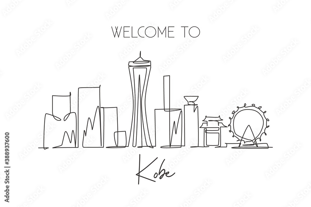 One single line drawing of Kobe city skyline, Japan. Historical town ...