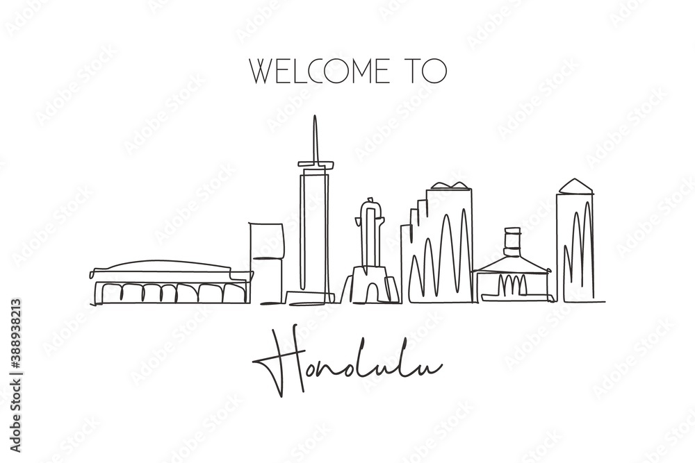 One continuous line drawing of Honolulu city skyline, Hawaii. Beautiful ...