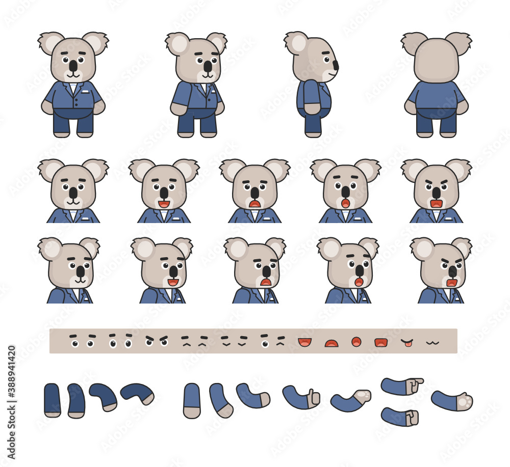 Cute koala character in blue suit creation kit. Create your own action ...