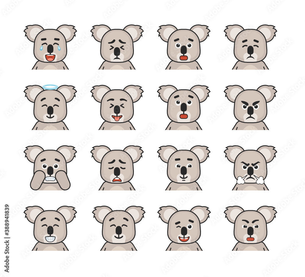 Set of koala emoticons, avatars or emojis. Koala laughing, sad ...