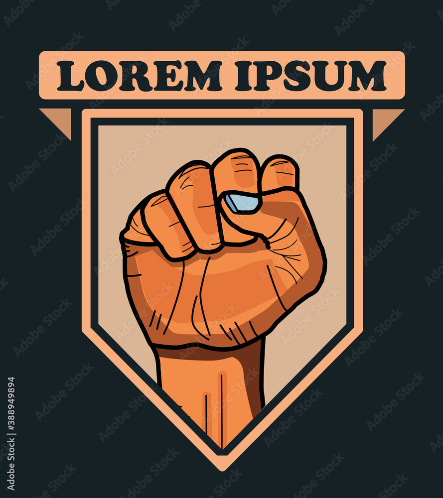 Logo or poster template with an orange fist like a symbol. Text with ...