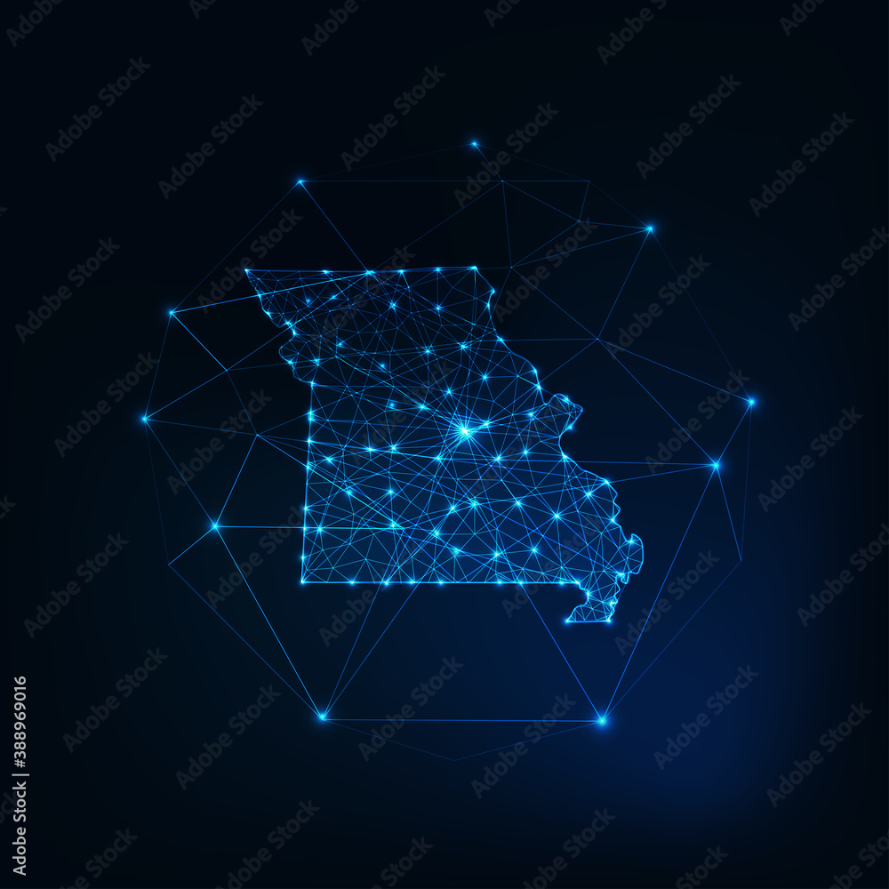 Missouri state USA map glowing silhouette made of stars lines dots ...