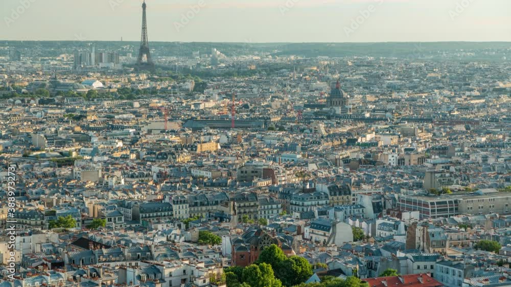 Panorama of Paris aerial timelapse with Eiffel tower, France. Top view ...