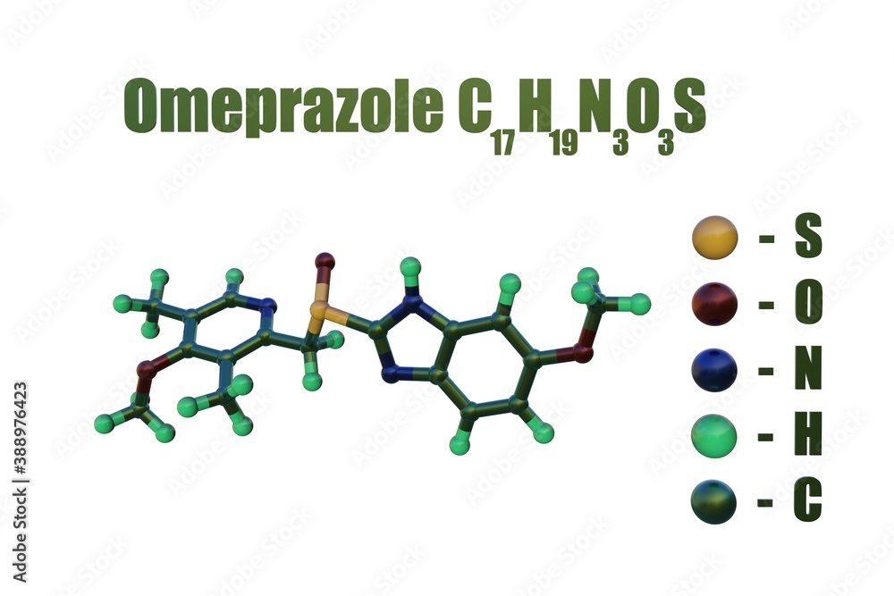 Structural chemical formula and molecular model of omeprazole, a ...