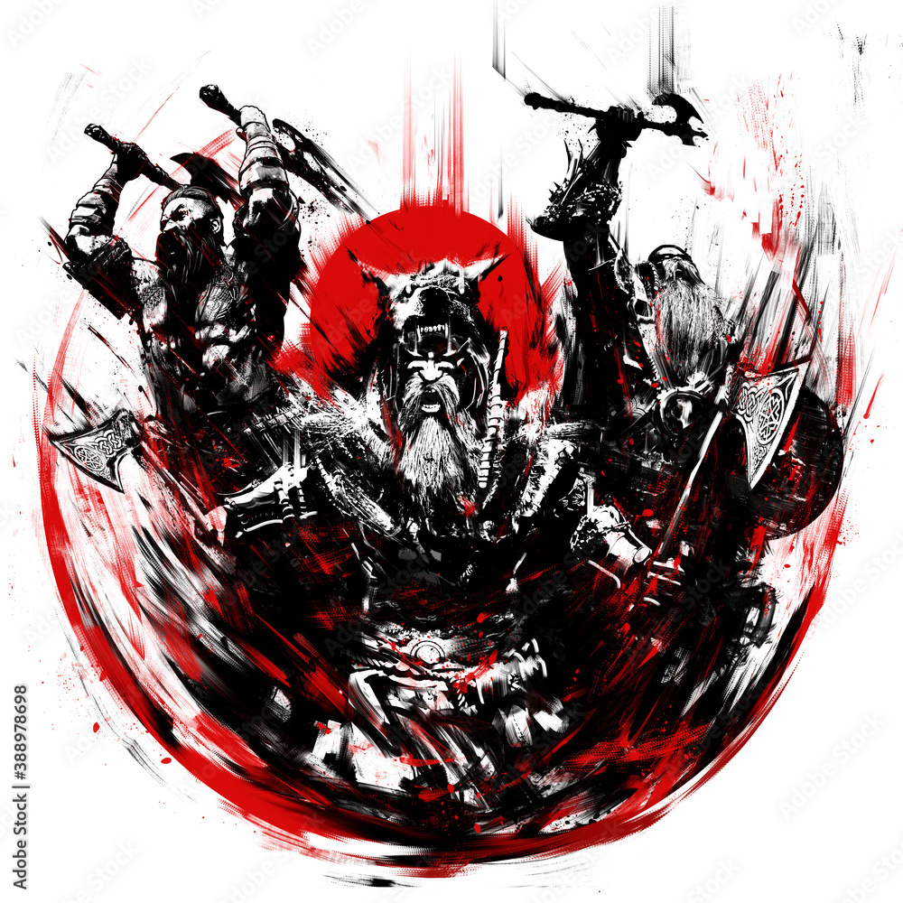 A gang of enraged berserkers of the Vikings roaring in the heat of ...