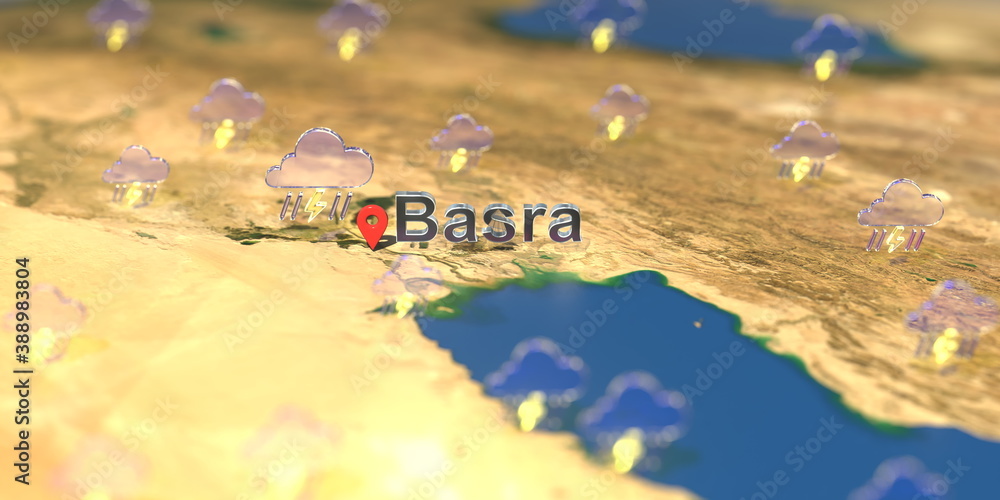Stormy weather icons near Basra city on the map, weather forecast ...