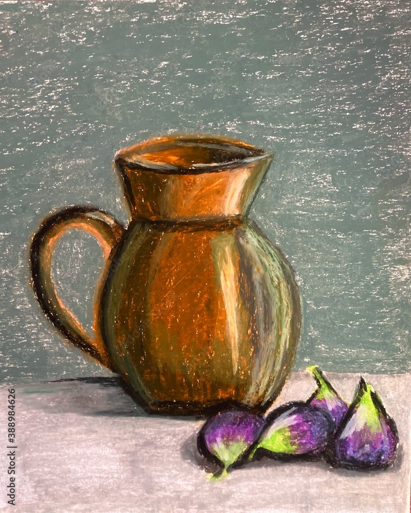 beautiful still life ceramic jug and ripe figs. oil pastel texture ...