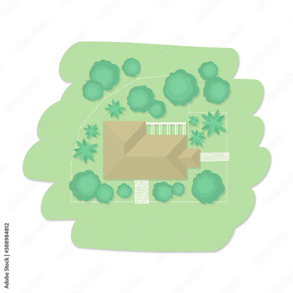 Cartoon house from above, aerial view of property, cabin, tree, path ...