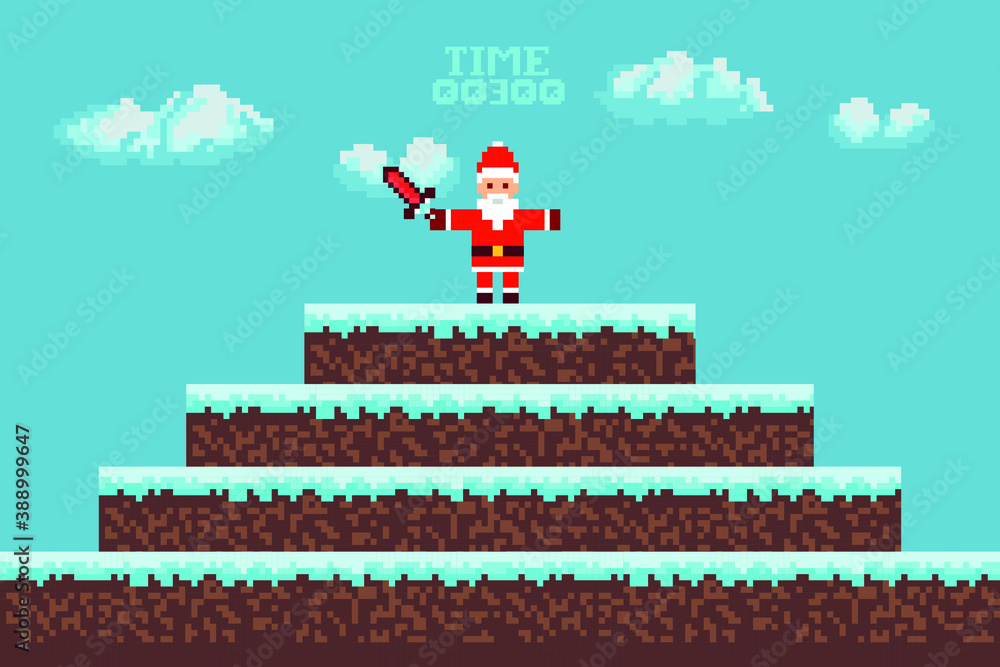 Winter pixel game. The battle of Santa Claus. Retro art games. 8-bit ...