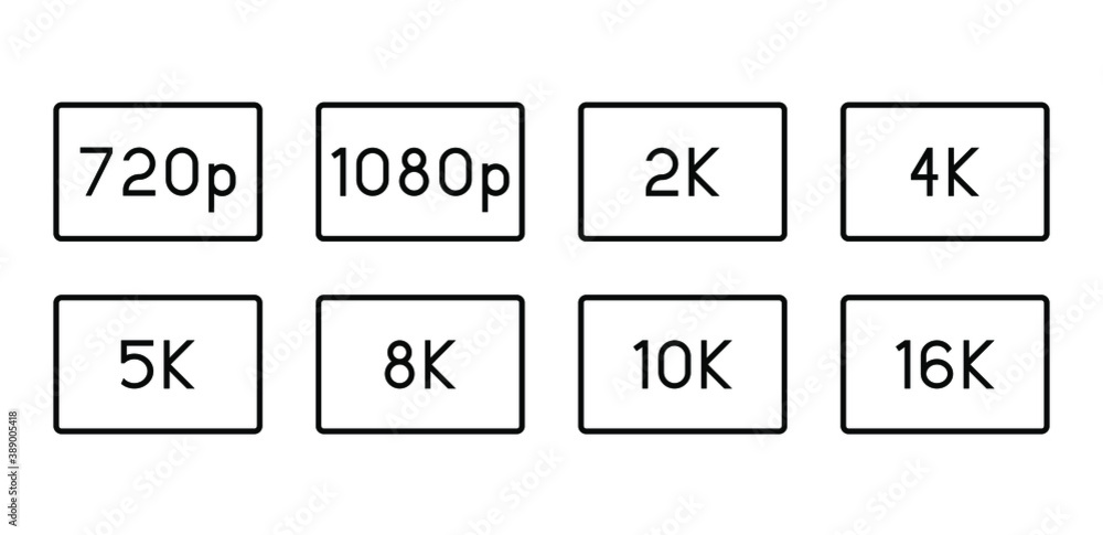 Resolution Icon (badge) Set (720p, 1080p, 2K, 4K, 5K, 8K, 10K, 16K ...